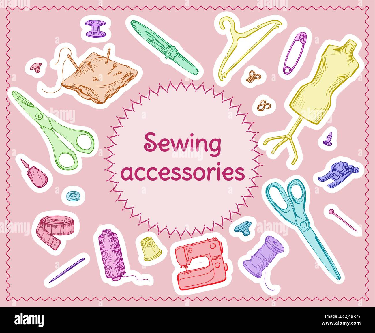 Colored sketch sewing tools set with round frame tailor accessories and ...