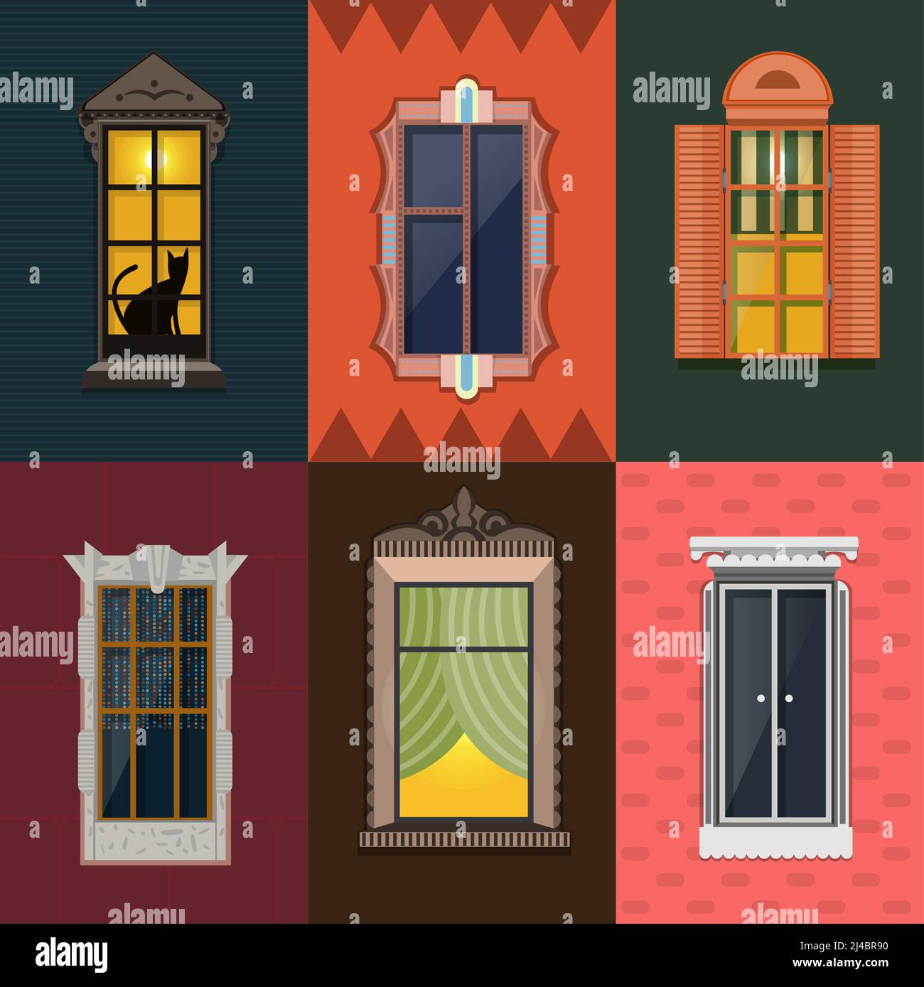 Colorful detailed night windows collection of different shapes and ...