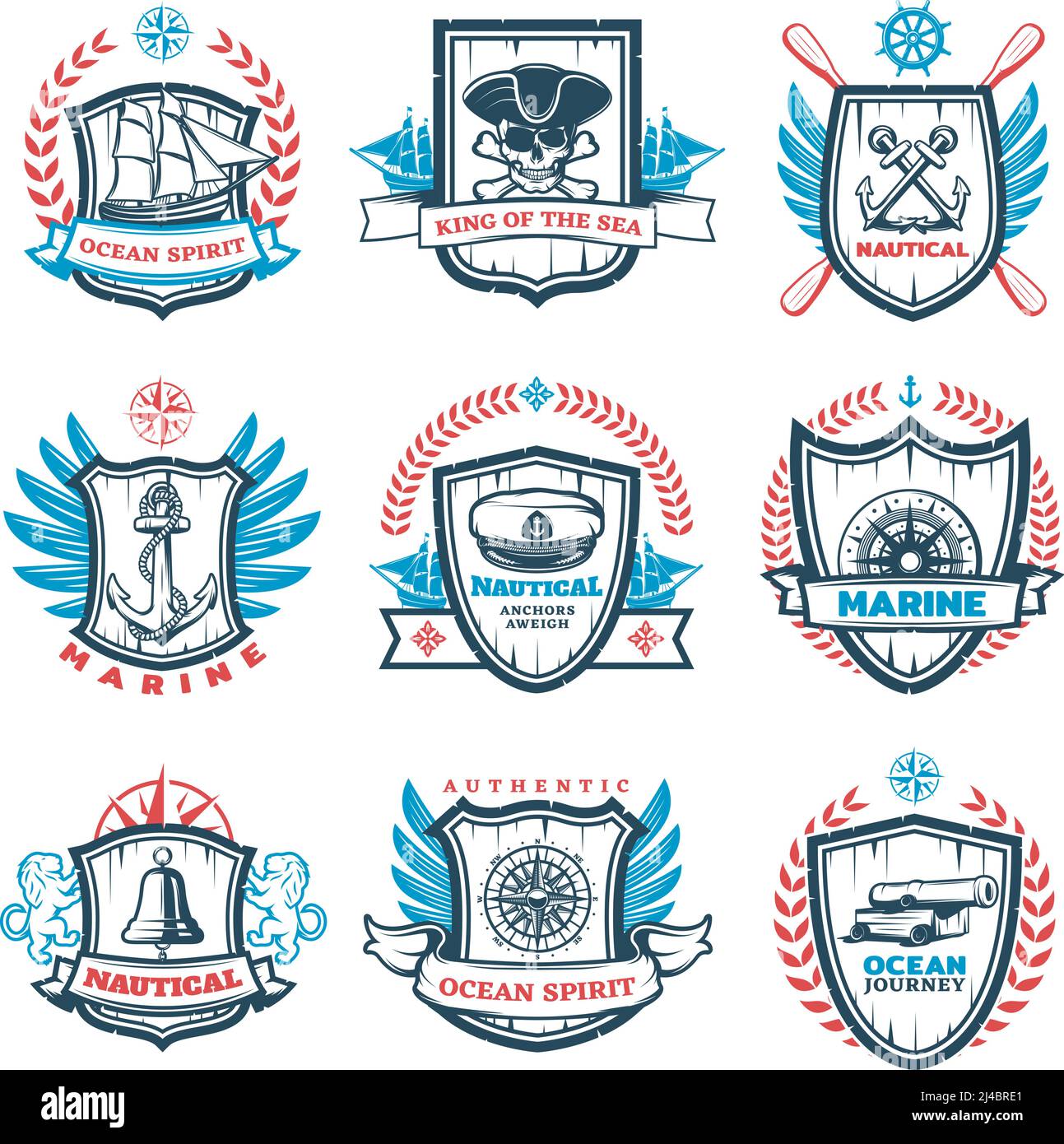 Vintage colored nautical emblems set with marine and sailing elements ...