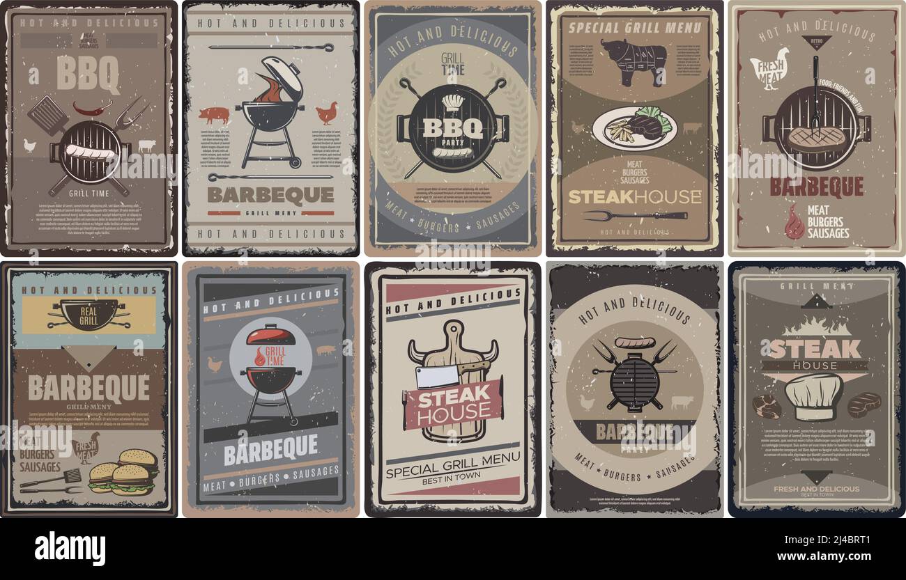 Vintage colored barbecue brochures collection with grill meat sausages ...