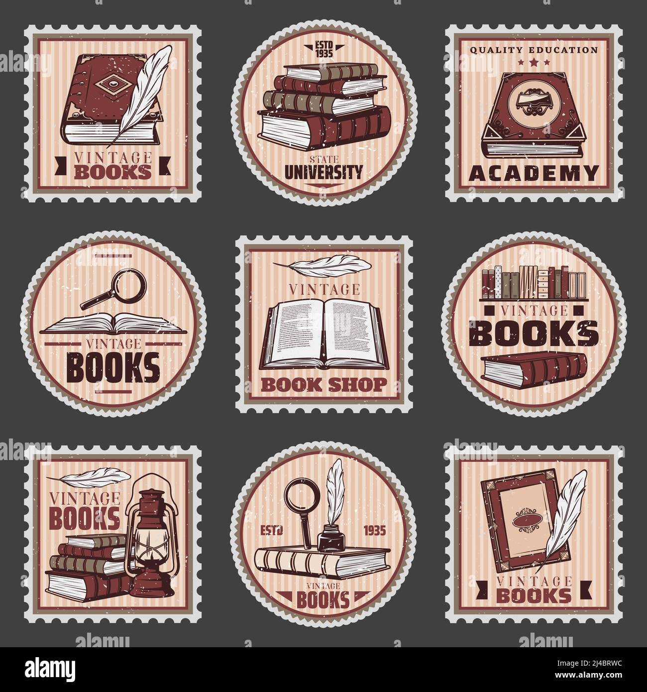 Colored education and bookstore stamps set with different books ...