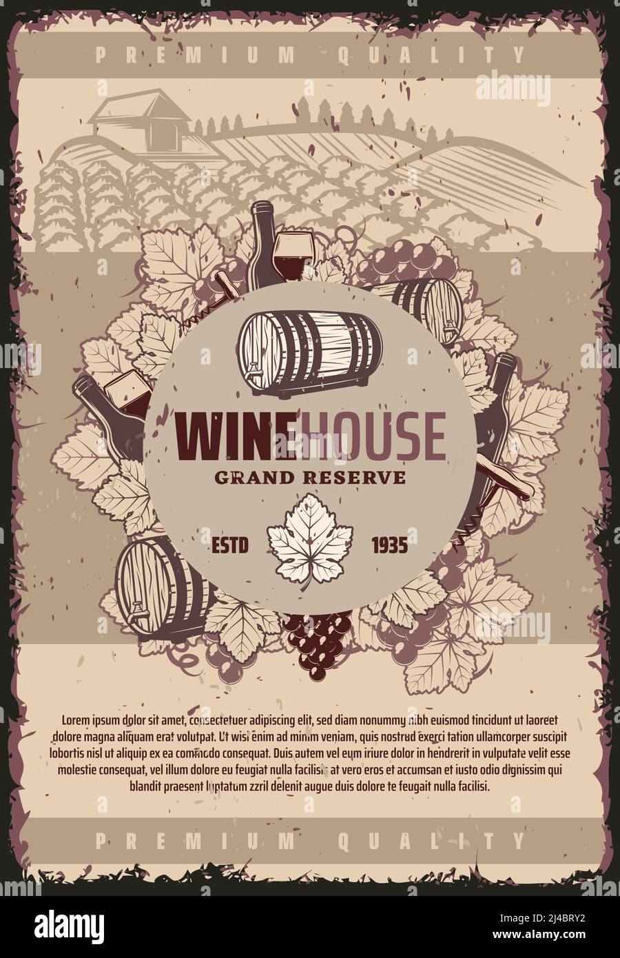 Vintage winery poster with wooden barrel wineglasses bottles of wine ...