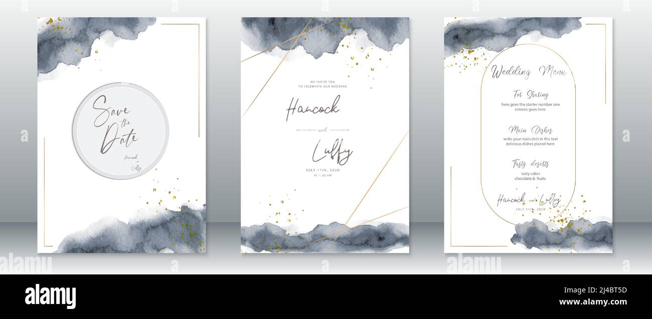 Wedding invitation card template elegant with blue watercolor texture ...