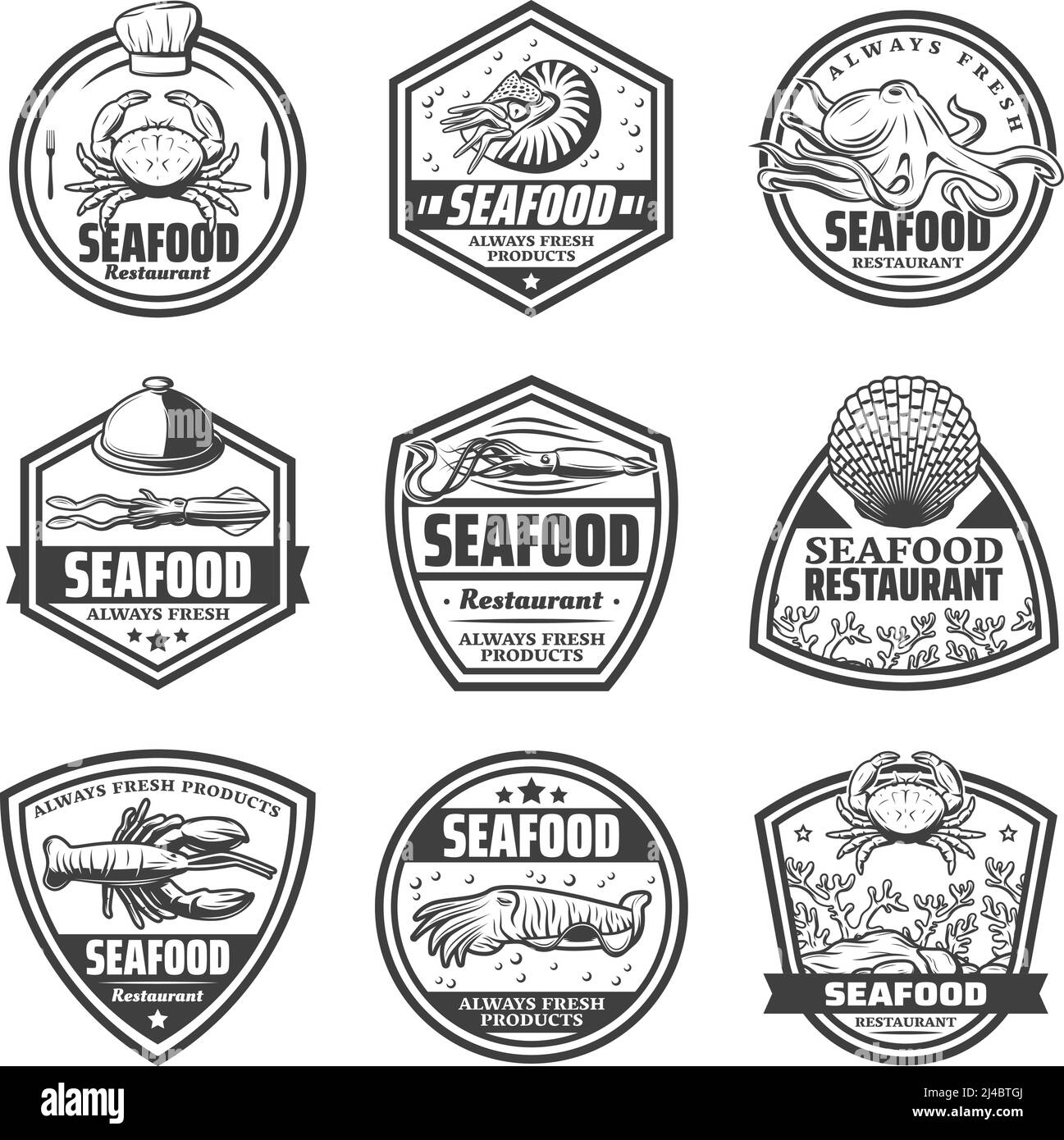 Vintage monochrome seafood labels set with crab shrimp octopus squid ...