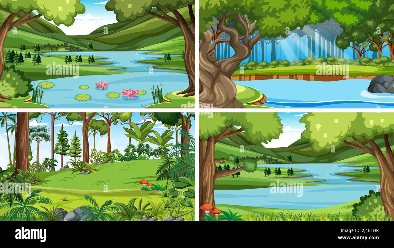 Nature scene with many trees and river illustration Stock Vector Image ...