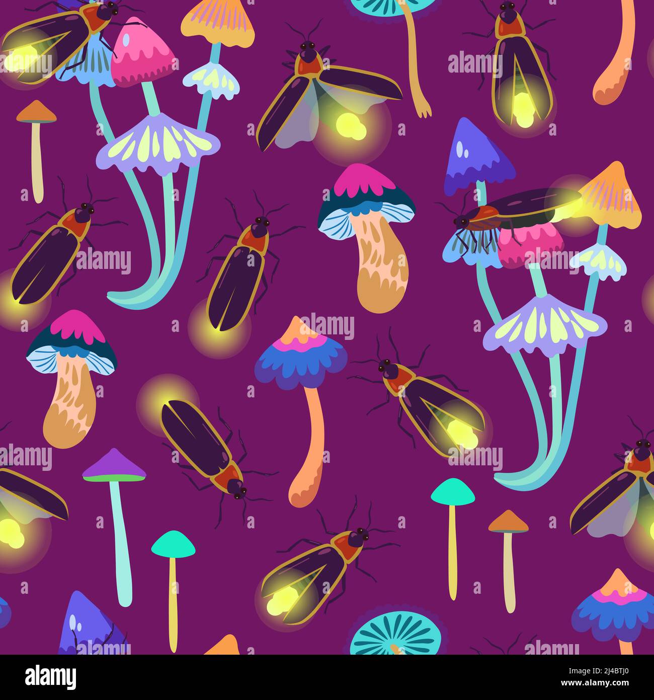 Seamless pattern with firefly beetles and fairy mushrooms for textile and design Stock Vector ...