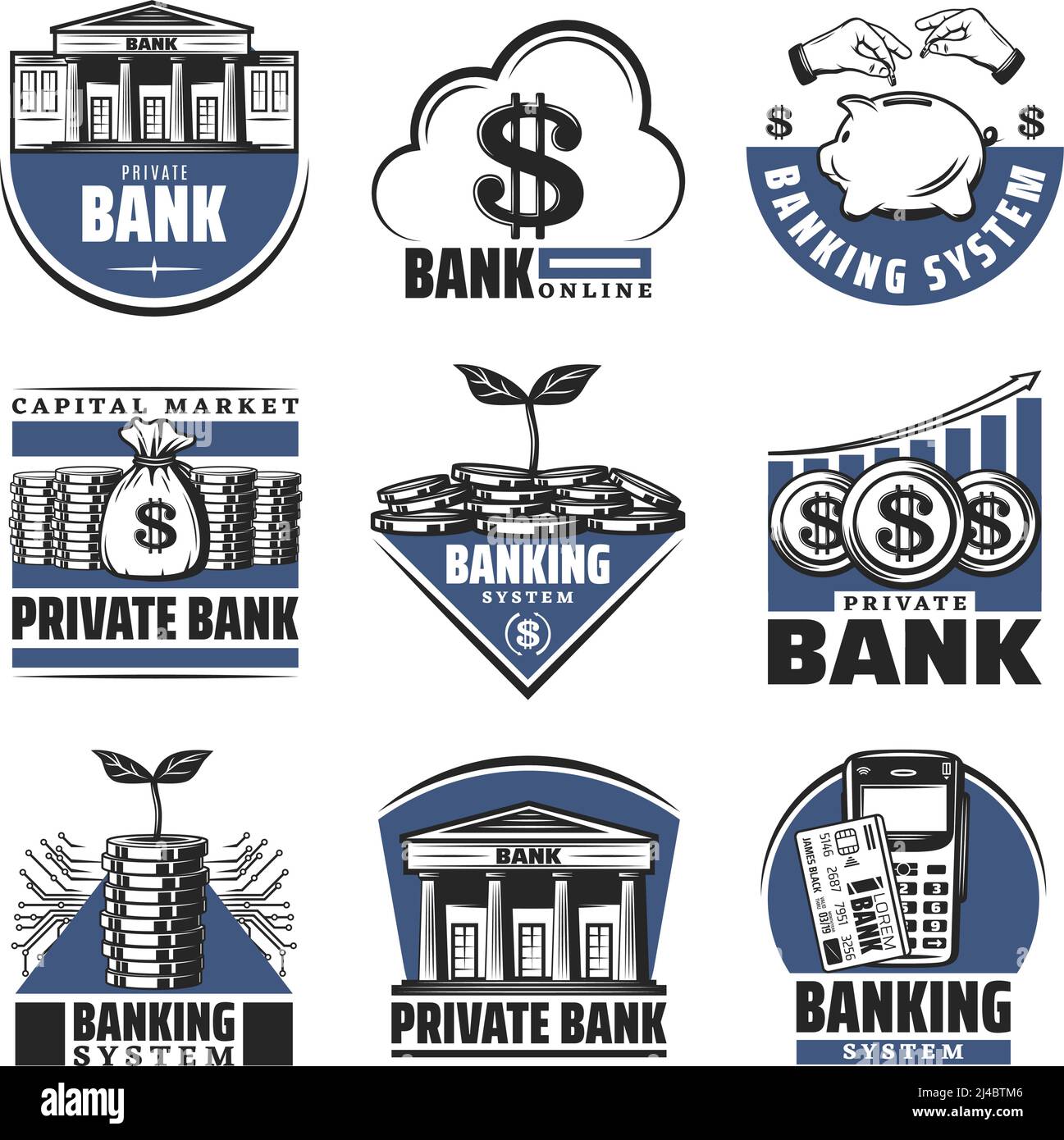 Vintage colored banking emblems set with piggy bank building cash money ...