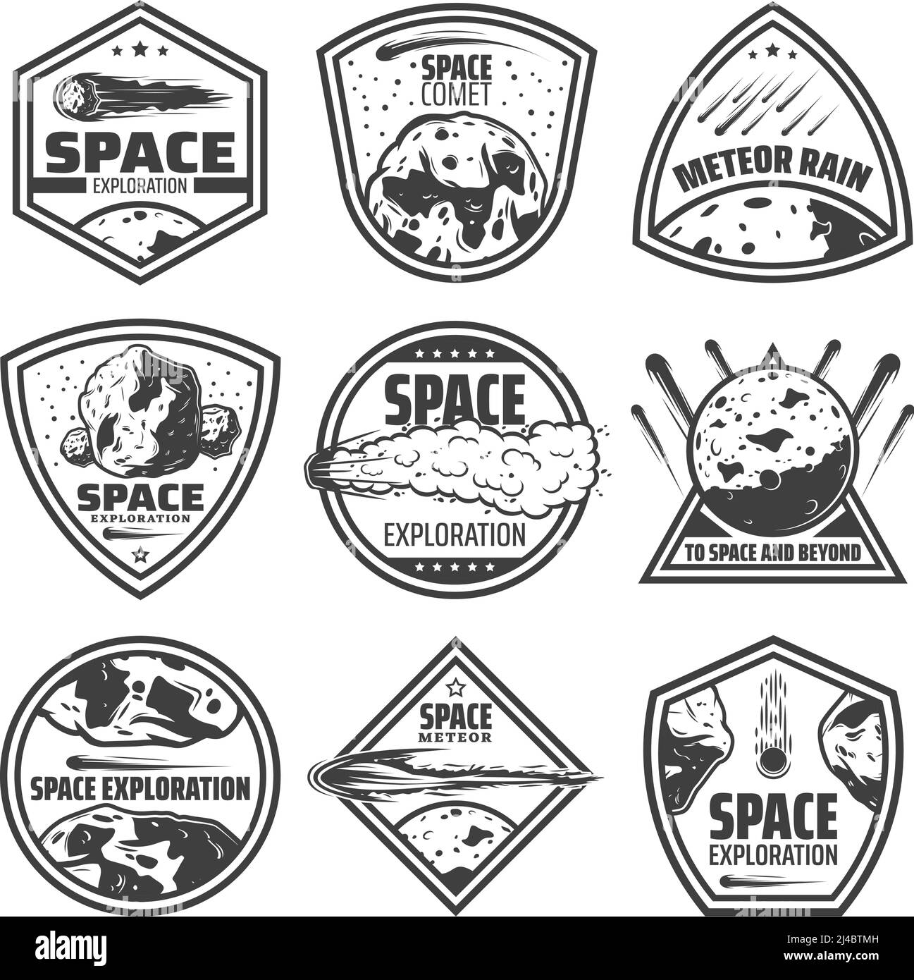 Vintage monochrome comets labels set with inscriptions falling meteors ...