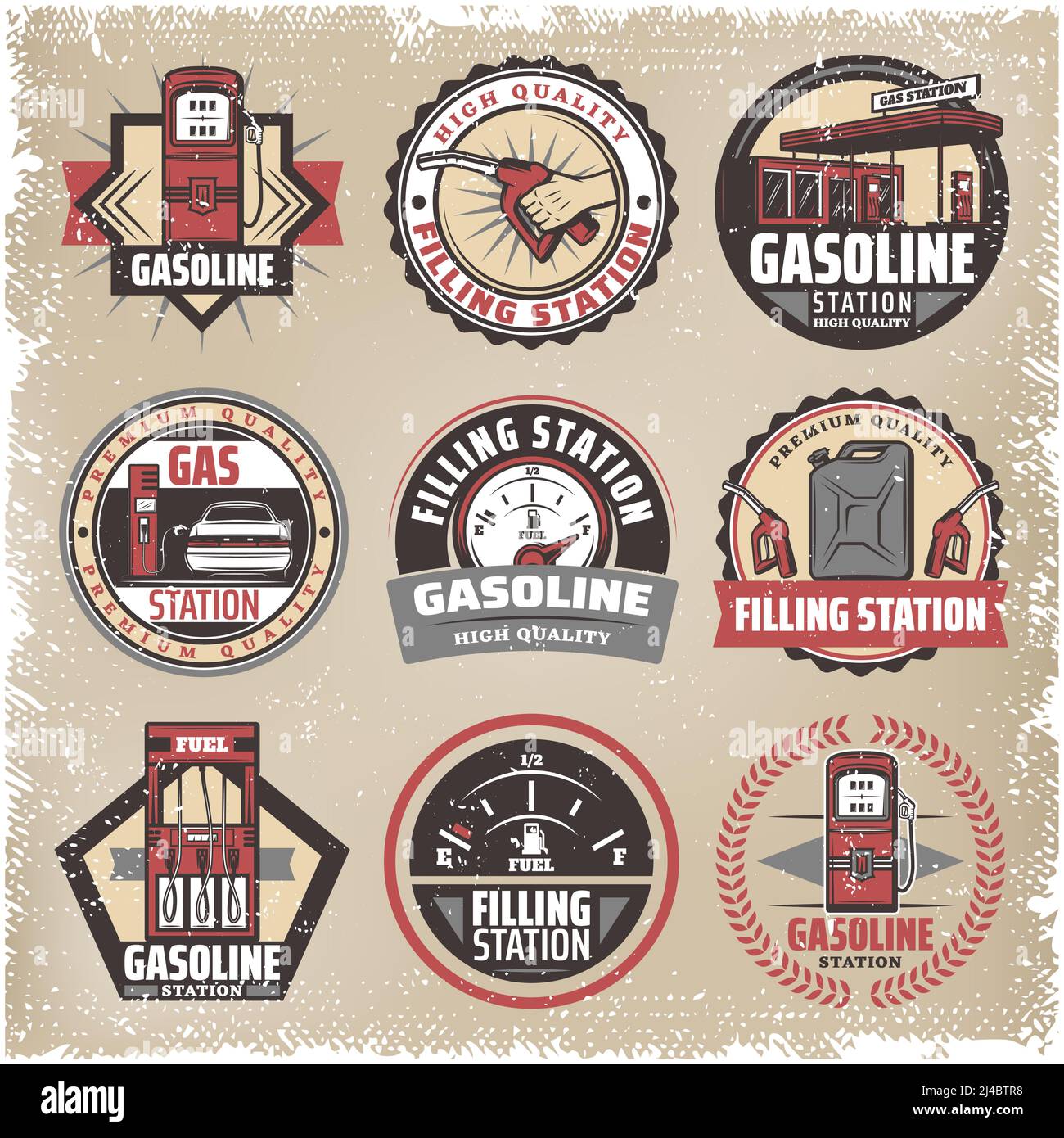Vintage colored filling station labels set with gasoline pumps canister ...
