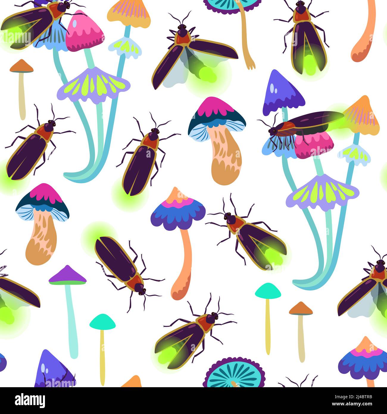 Seamless pattern with firefly beetles and fairy mushrooms for textile and design Stock Vector ...