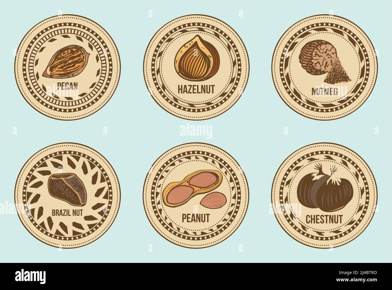 Colorful fresh nuts round labels set with different sorts of seeds on ...