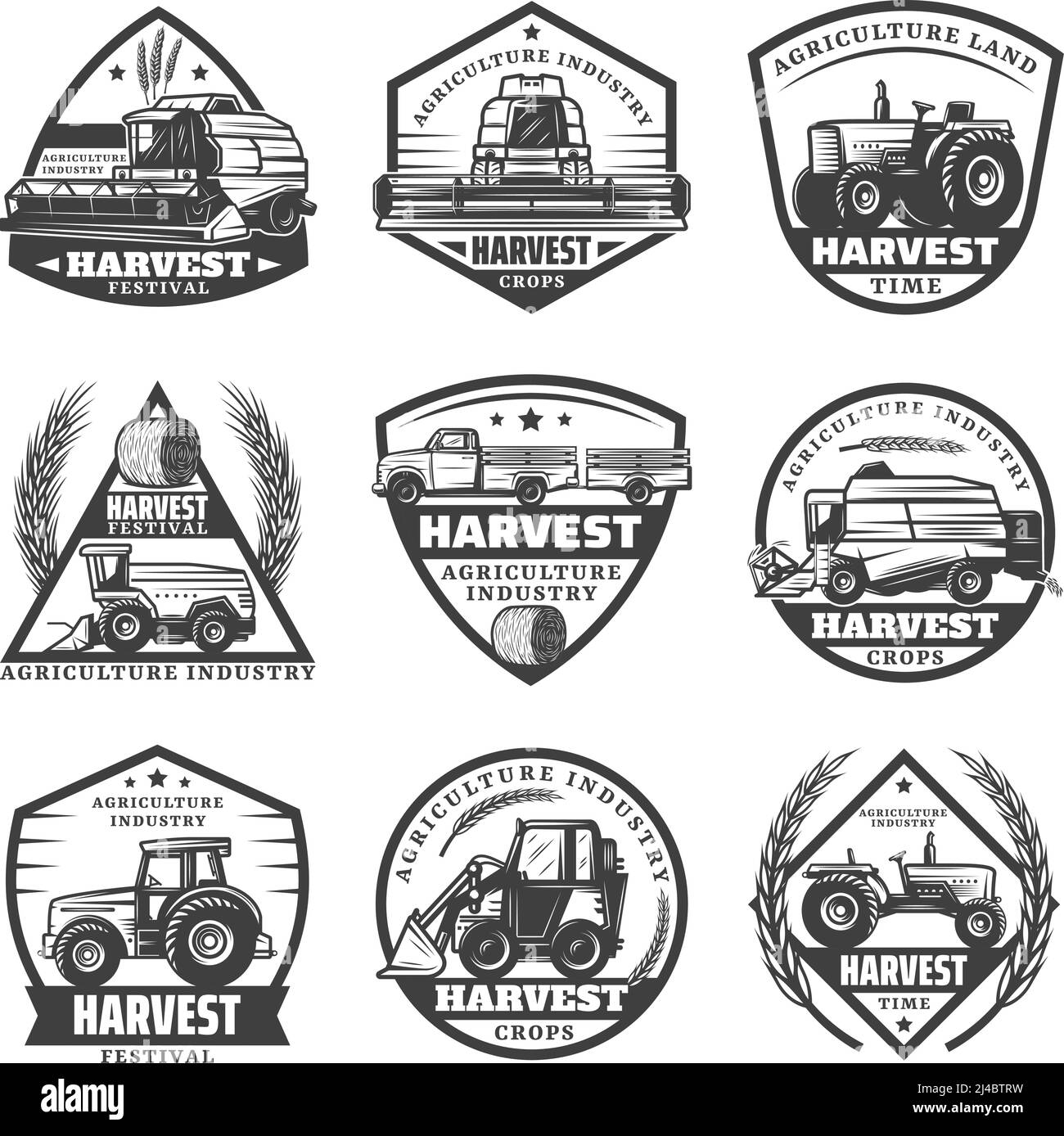 Vintage monochrome agricultural machinery labels set with combines ...
