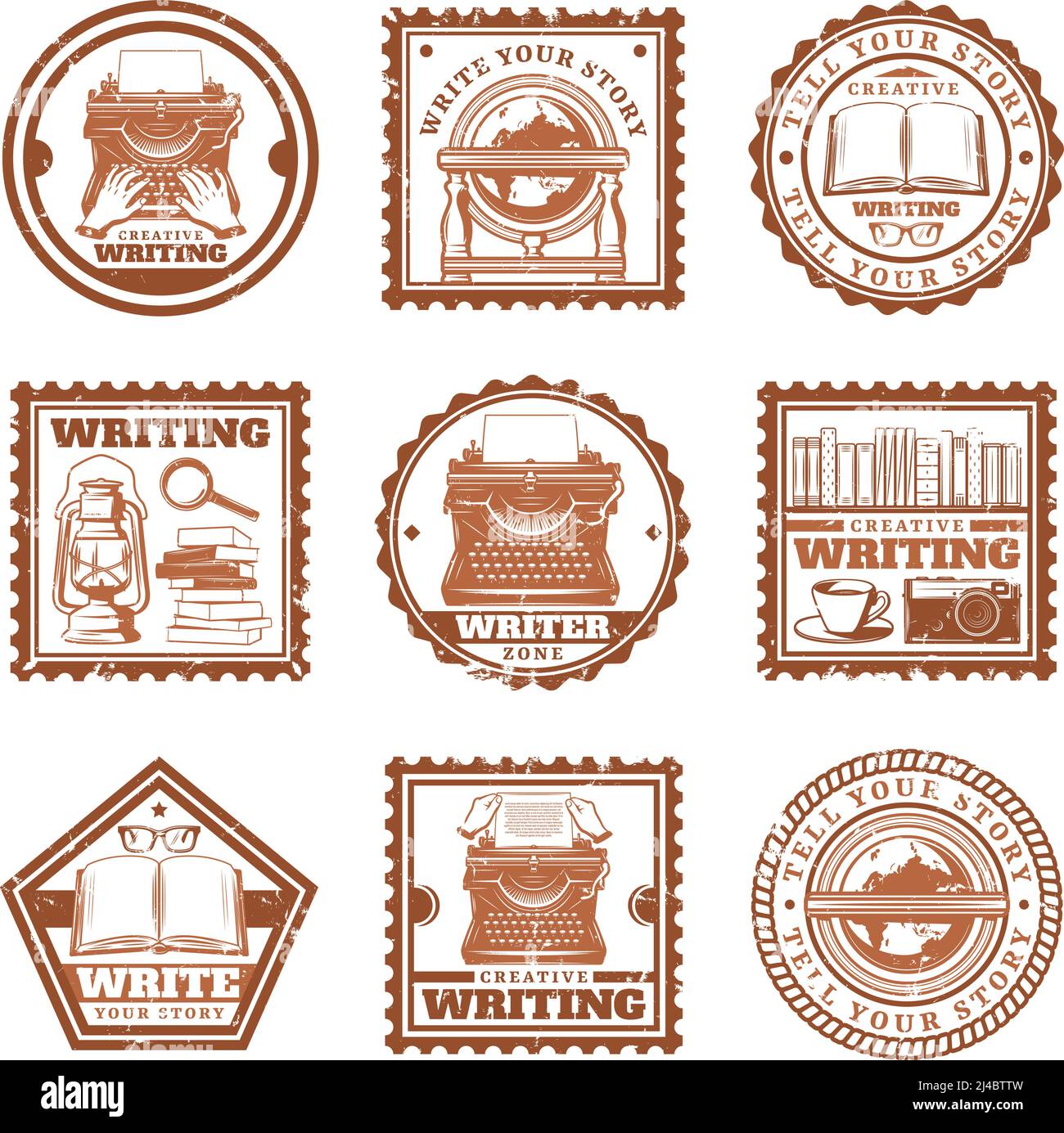 Vintage writing stamps set with typing retro globe telephone typewriter ...