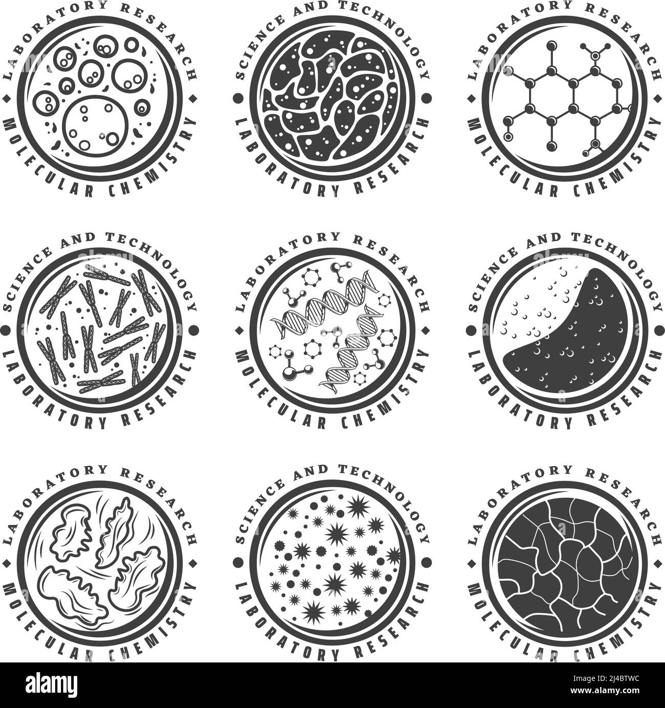 Vintage monochrome molecule labels set with molecular compounds atoms ...