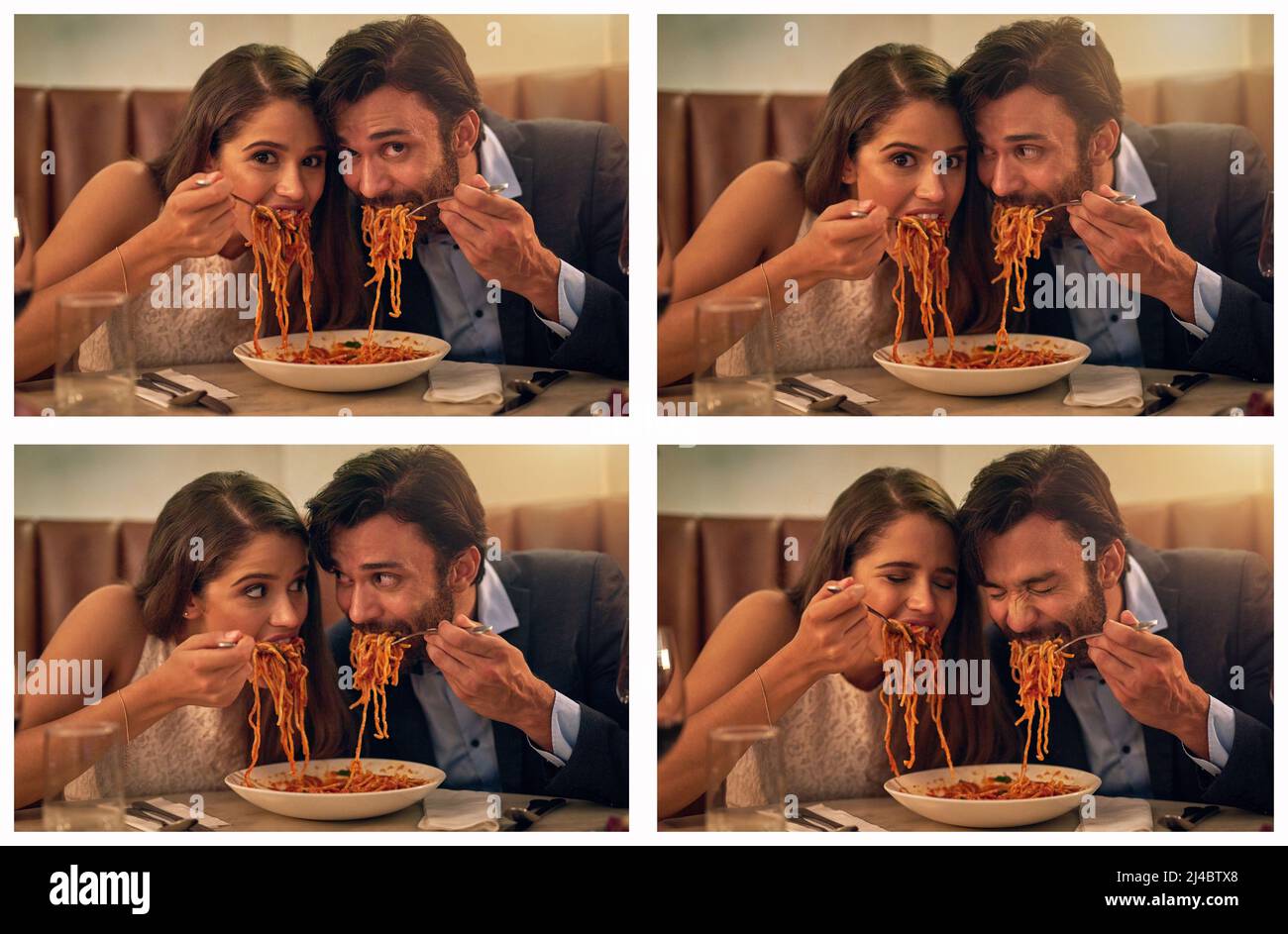 Man woman sharing spaghetti Cut Out Stock Images & Pictures - Alamy
