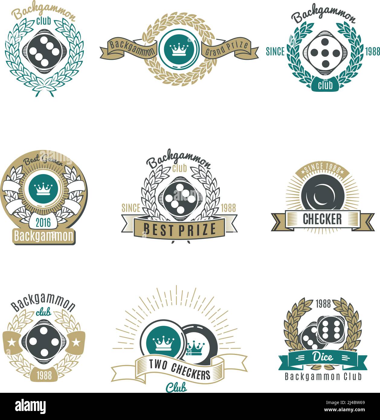 Backgammon clubs retro style emblems with letterings laurel wreaths and ...