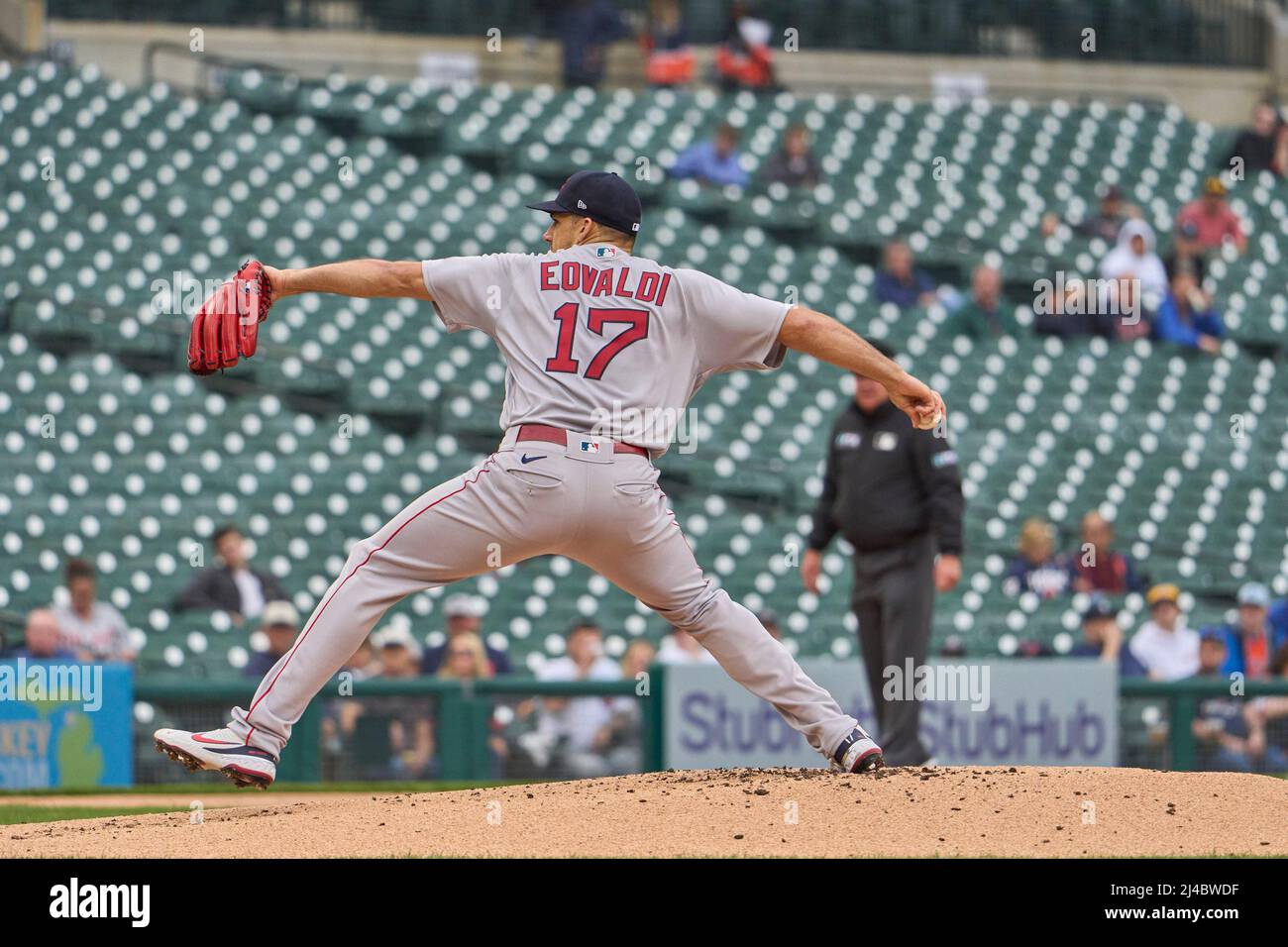 Detroit MI, USA. 13th Apr, 2022. Boston pitcher Nathan Eovaldi (17 ...