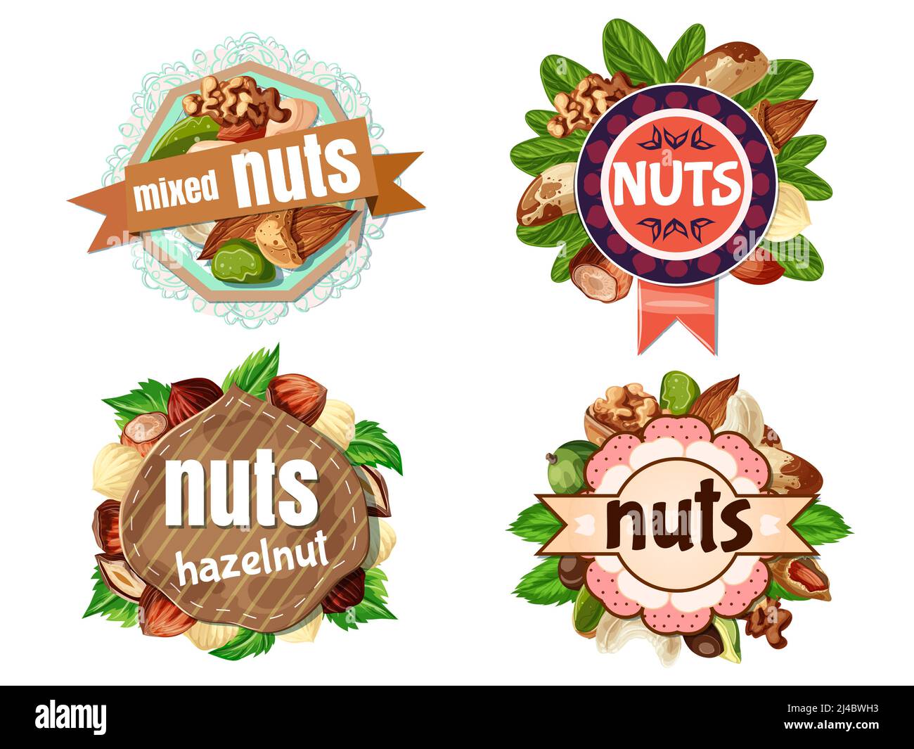 Cartoon colorful nuts labels set with walnut almond peanut cashew ...
