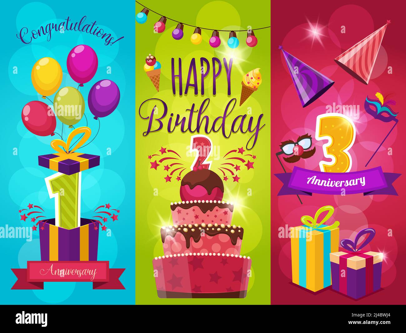Birthday party banners set with balloons fireworks gift boxes and masks ...