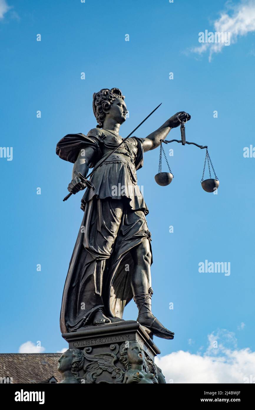 statue of Lady Justice at the Roemer in Frankfurt, a symbol for law and ...
