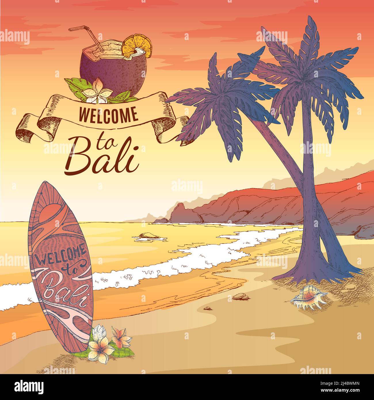 Hand drawn bali elements square background with seashore coastal palms ...