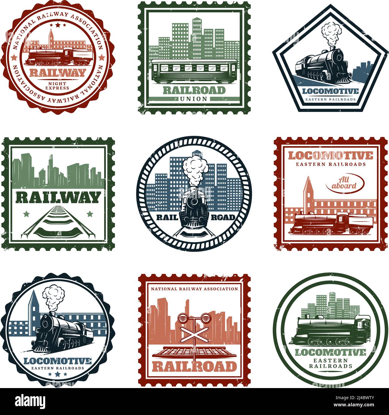 Vintage locomotive stickers and stamps set with inscriptions train ...