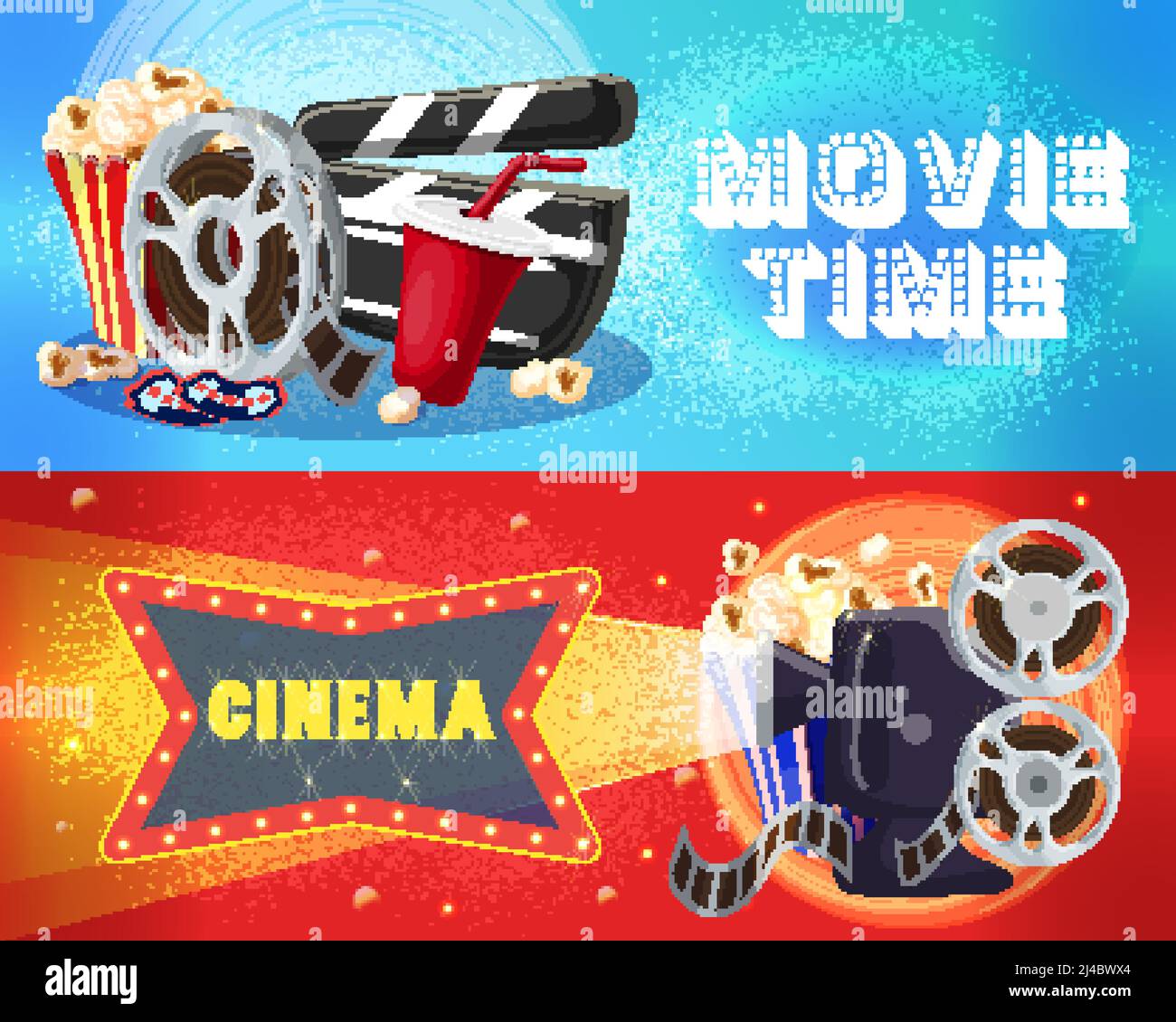 Bright cinema horizontal banners with film reel popcorn soda tickets ...