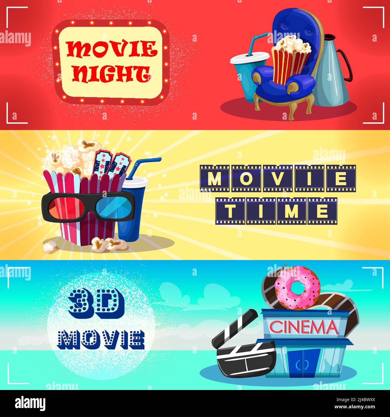 Colorful cinematography horizontal banners with drink snacks chair ...