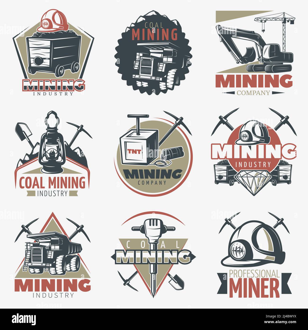 Set of nine isolated vintage mining industry with professional ...