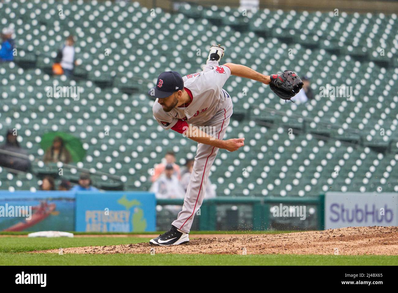 Detroit MI, USA. 13th Apr, 2022. Boston pitcher Matt Barnes (32) throws ...