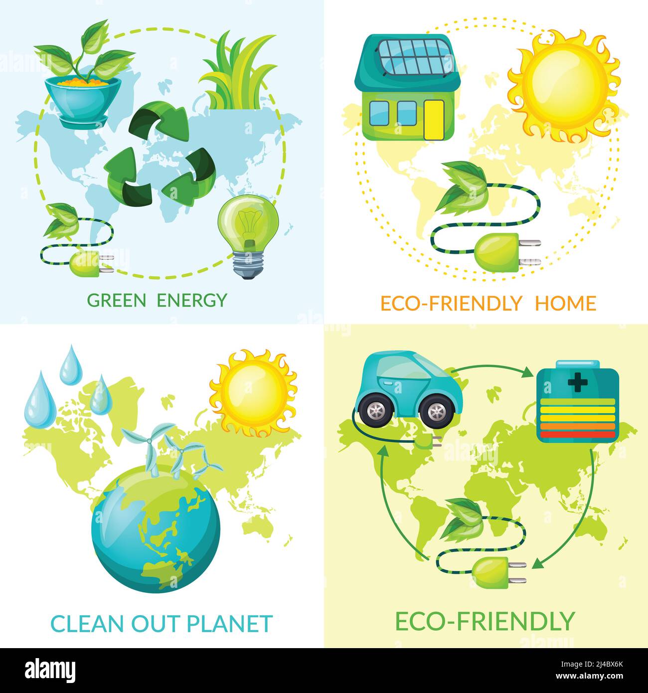 Cartoon ecology concept with environmental energy efficient elements ...