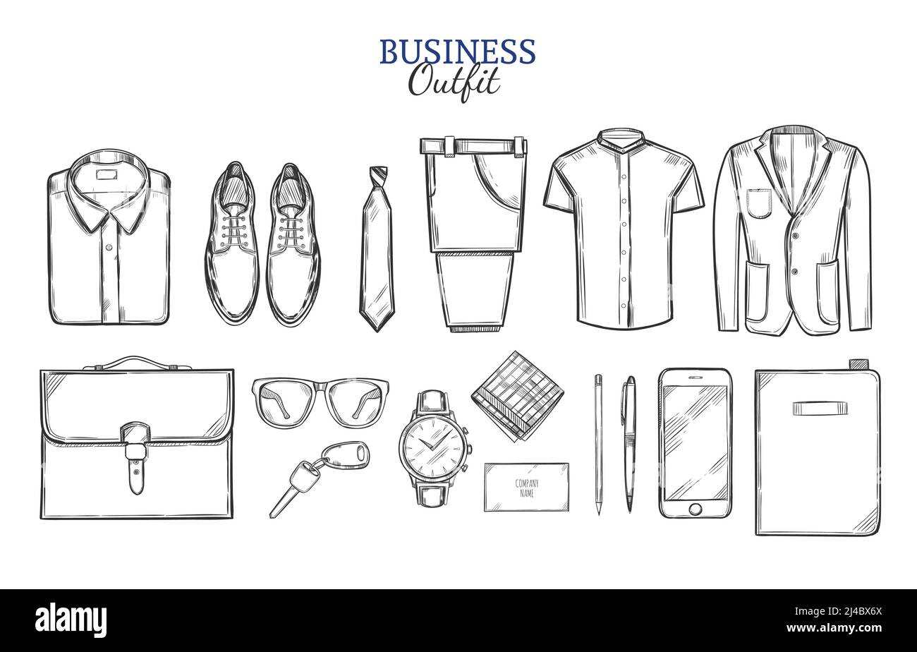 Business clothing sketch set with shirt shoes tie trousers jacket bag ...