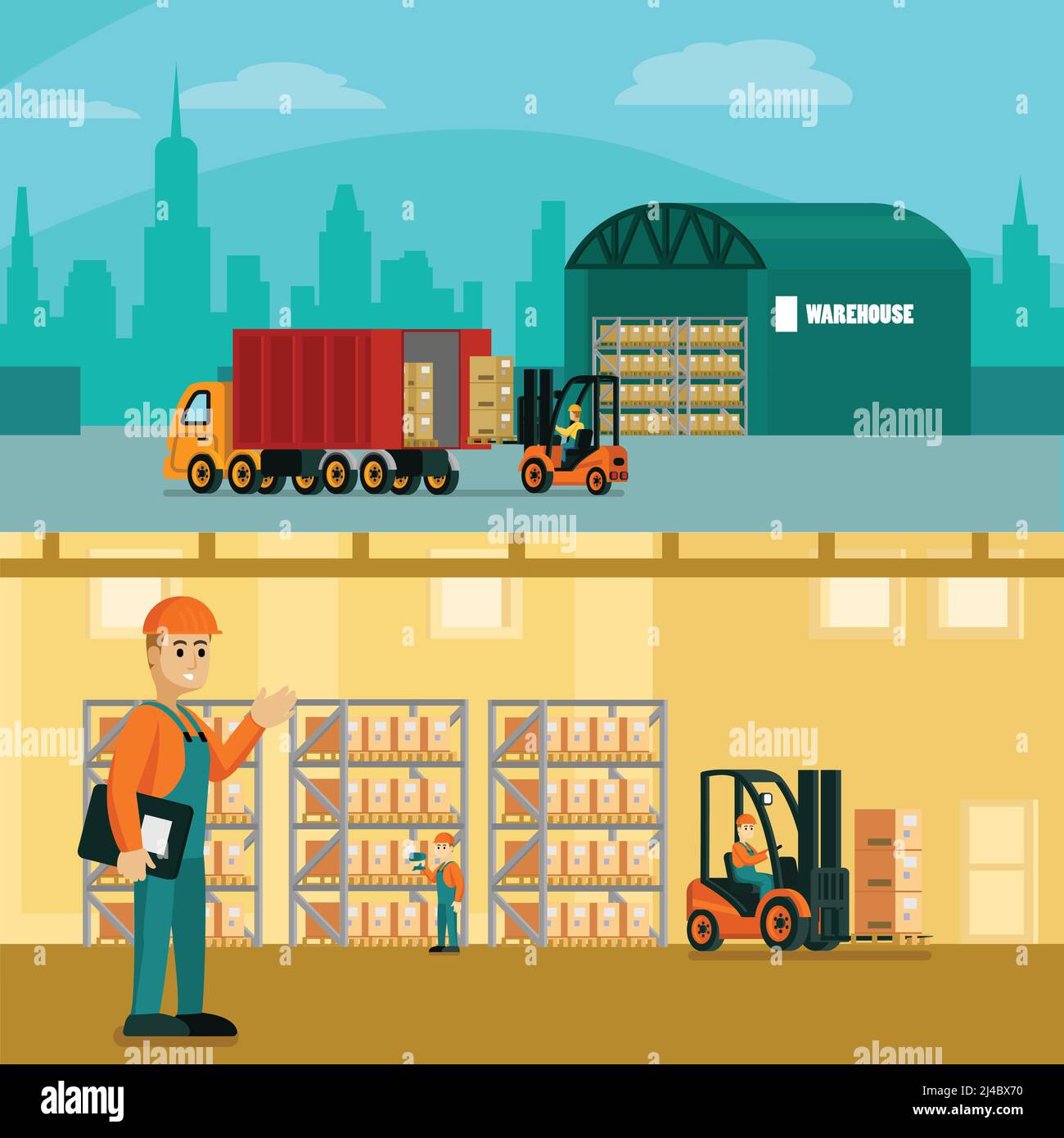 Warehouse horizontal banners with processes of goods calculation ...