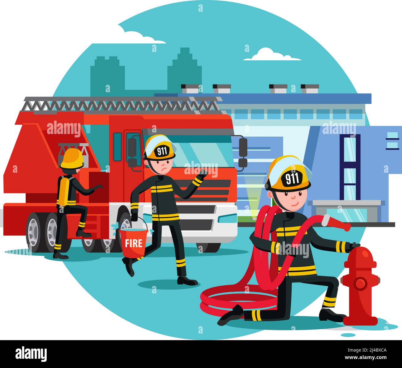 Colorful firefighting template with fireman rescue brigade fire truck ...