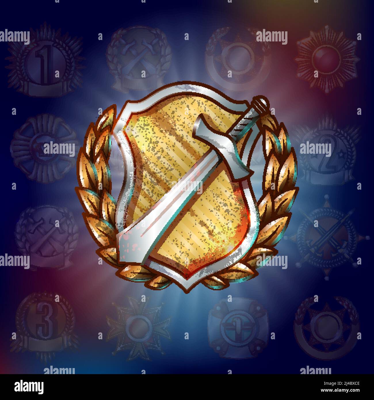 Cartoon military award template with shield medieval sword and laurel ...