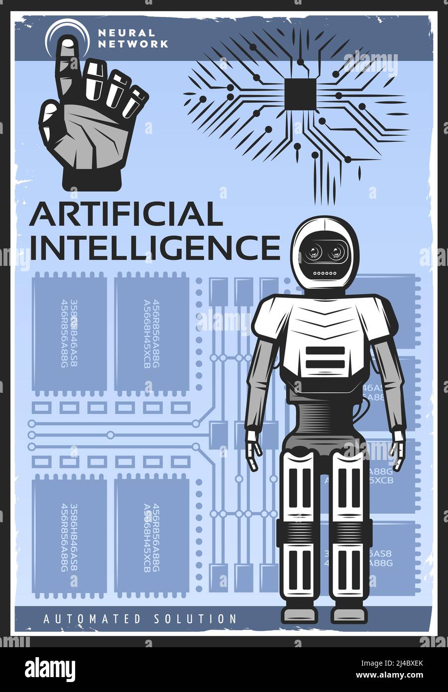Vintage artificial intelligence poster with android cybernetic arm and ...