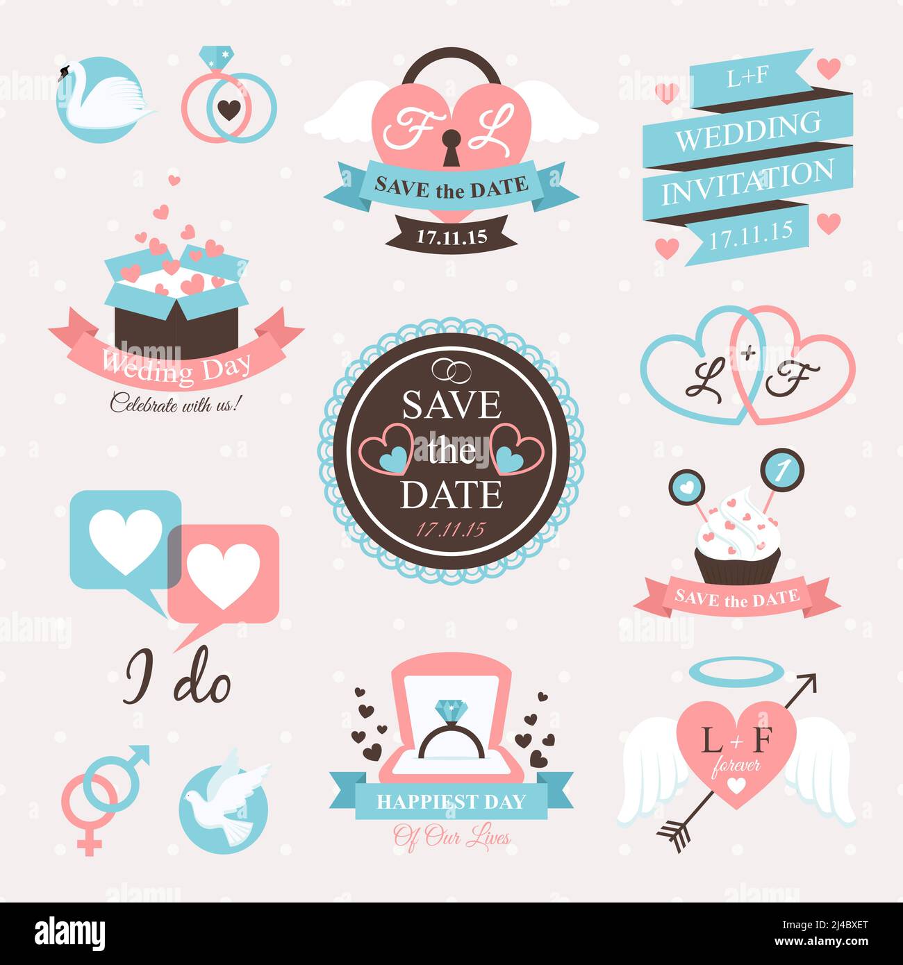 Wedding party invitation labels and emblem set isolated vector ...