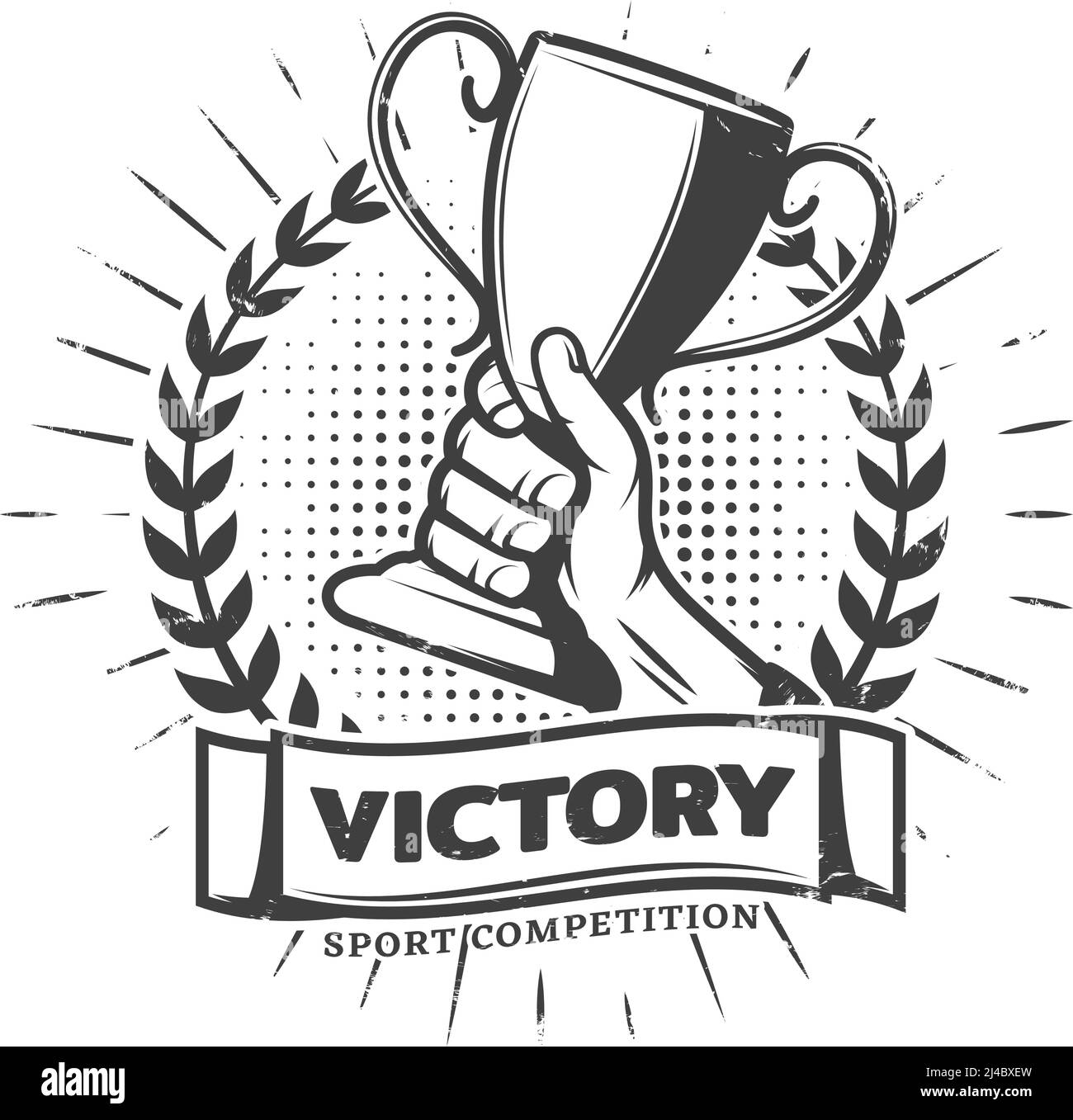 Vintage sport prize template with arm holding cup ribbon and laurel ...