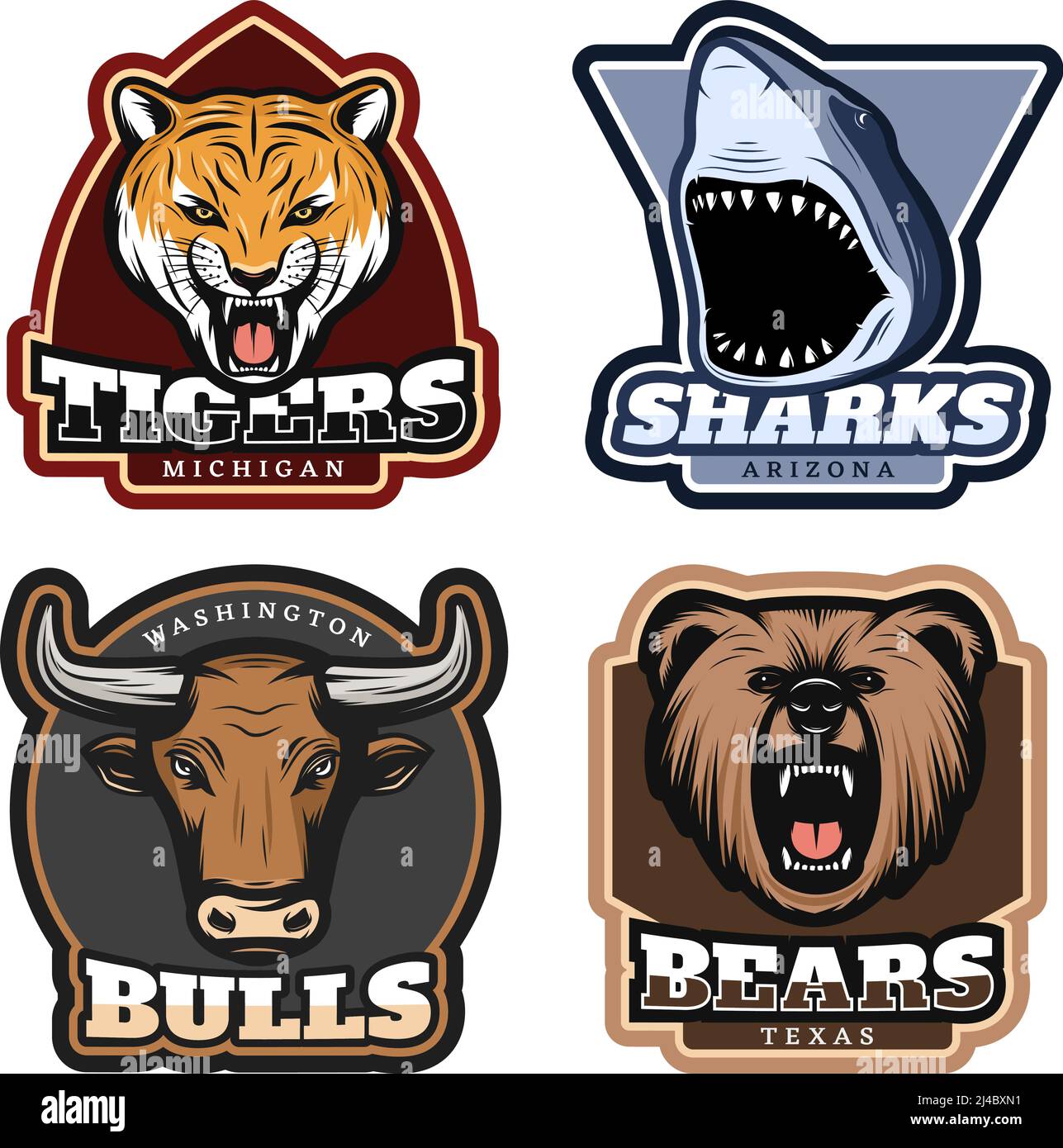 Colorful wild animals labels set with tiger shark bull and bear heads ...