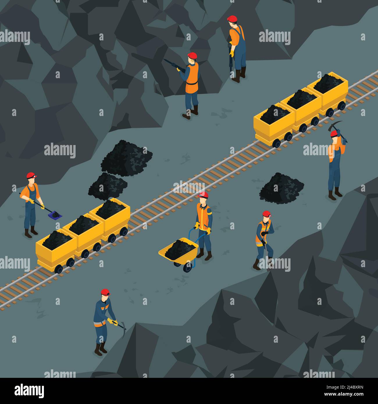 Coal industry isometric template with miners working in mine and ...