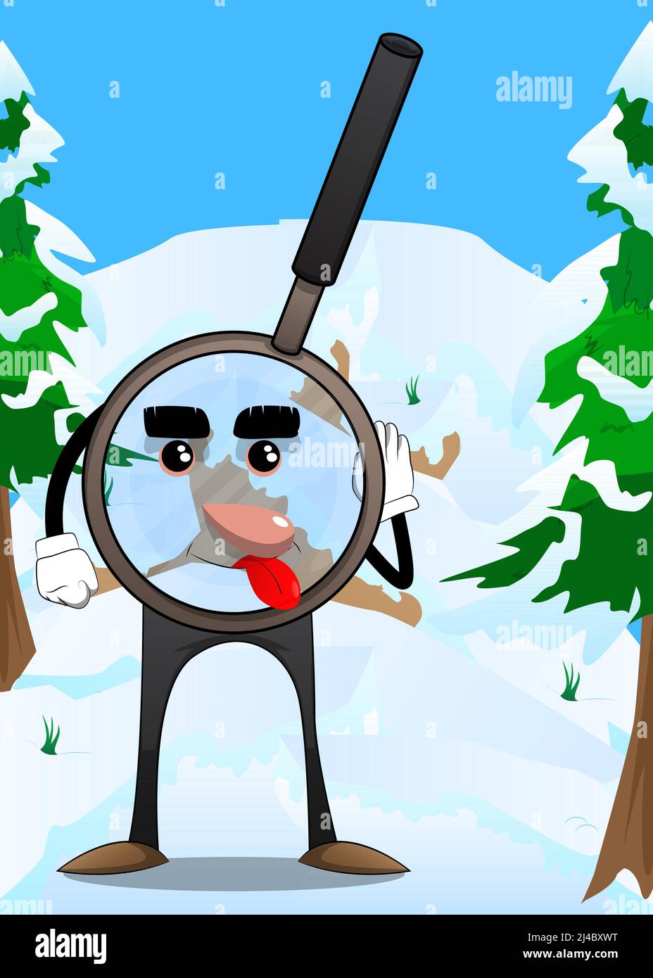 Magnifier holds hand at his ear, listening. Cartoon Character science ...