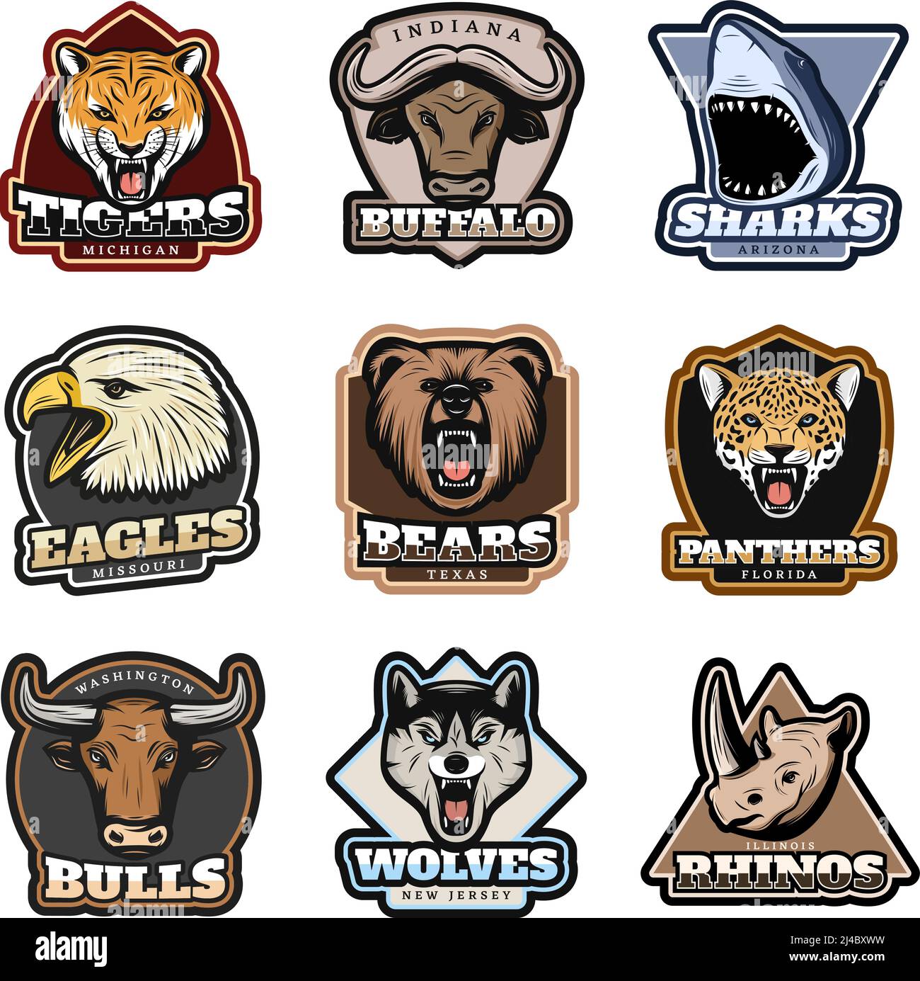 Colorful wild animals labels set with mammals shark and eagle heads in ...
