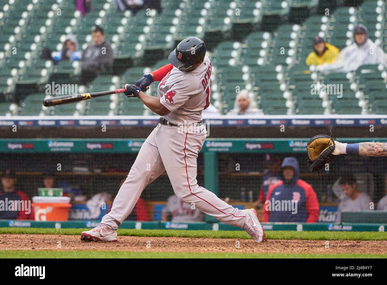 April 13 2022: Boston third baseman Rafael Deavers (11) gets a hit ...