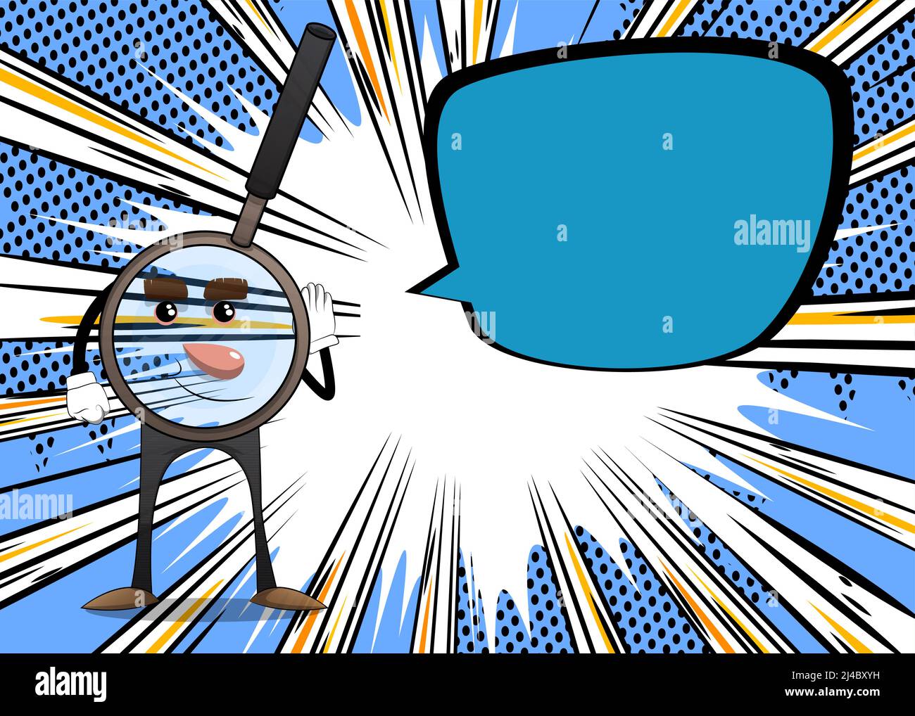 Magnifier holds hand at his ear, listening. Cartoon Character science ...