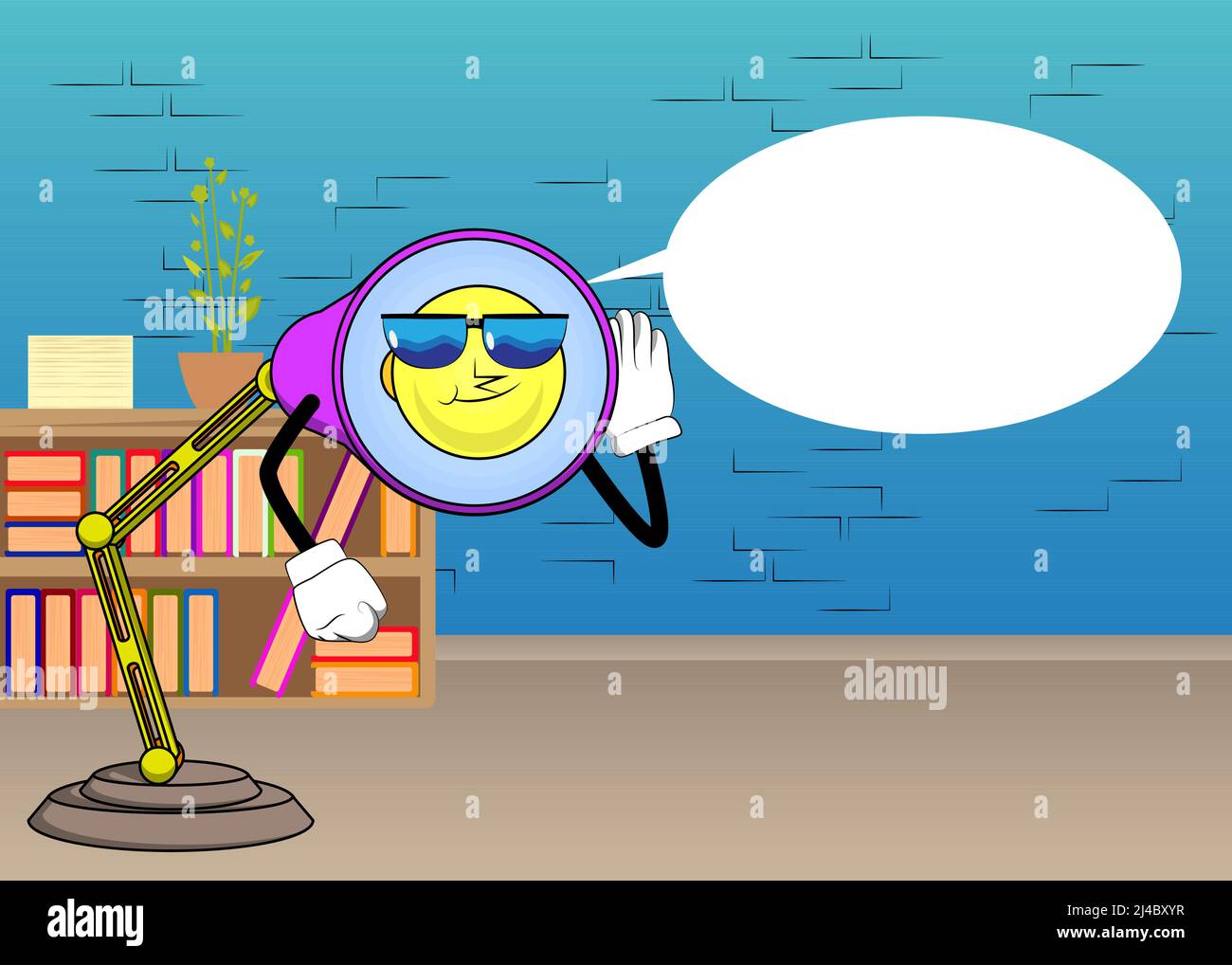 Night Table Lamp holds hand at his ear, listening. Office Light cartoon ...