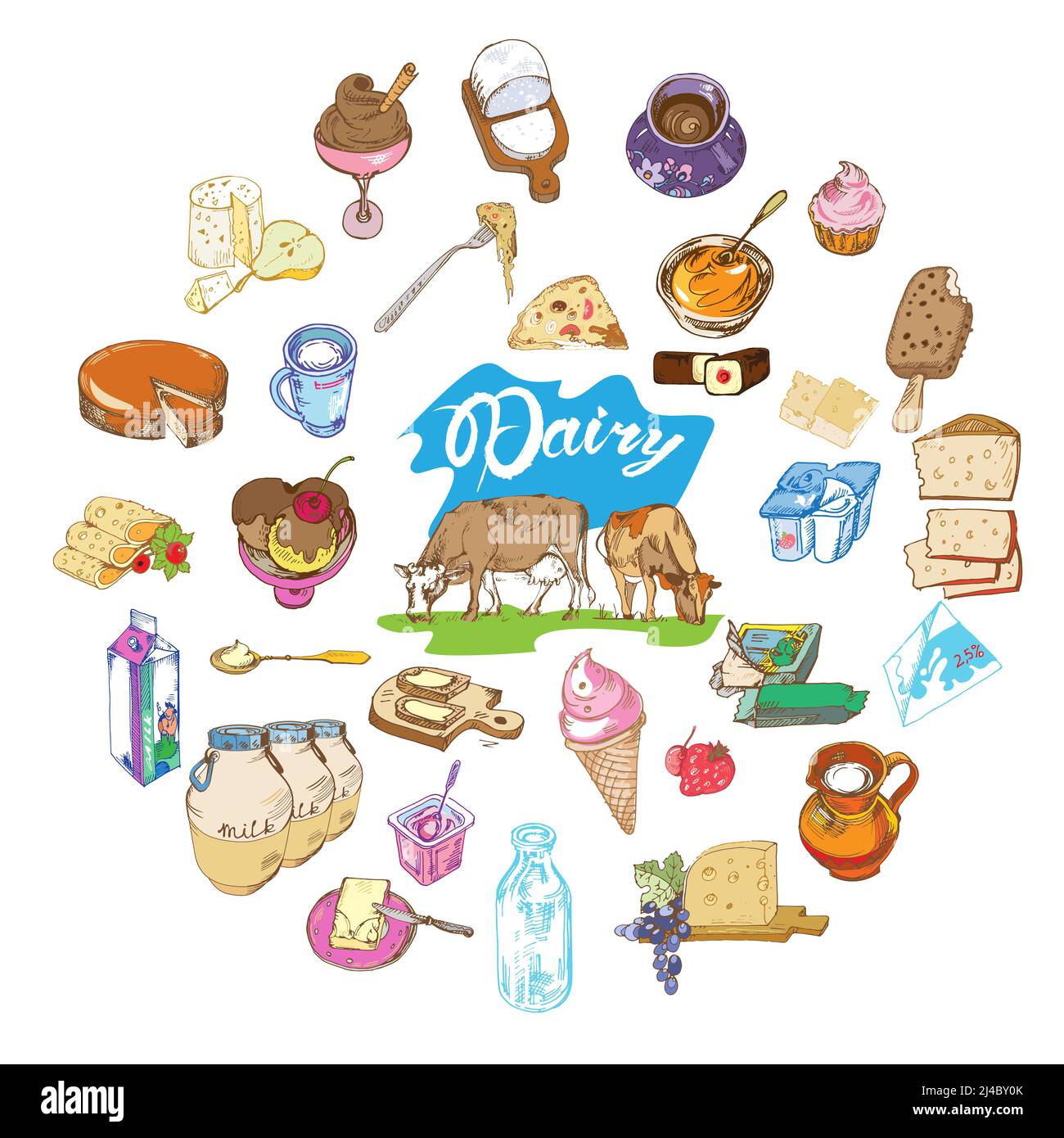 Colorful drawing farm elements round concept with fresh organic dairy ...