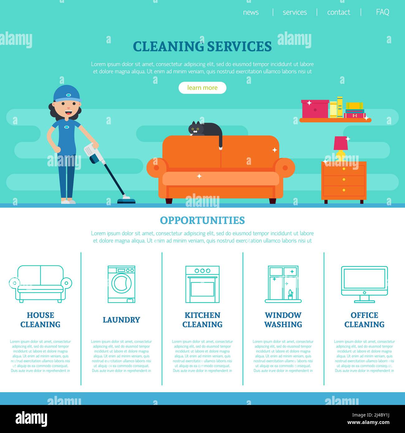 Cleaning company web page template with different services in flat ...