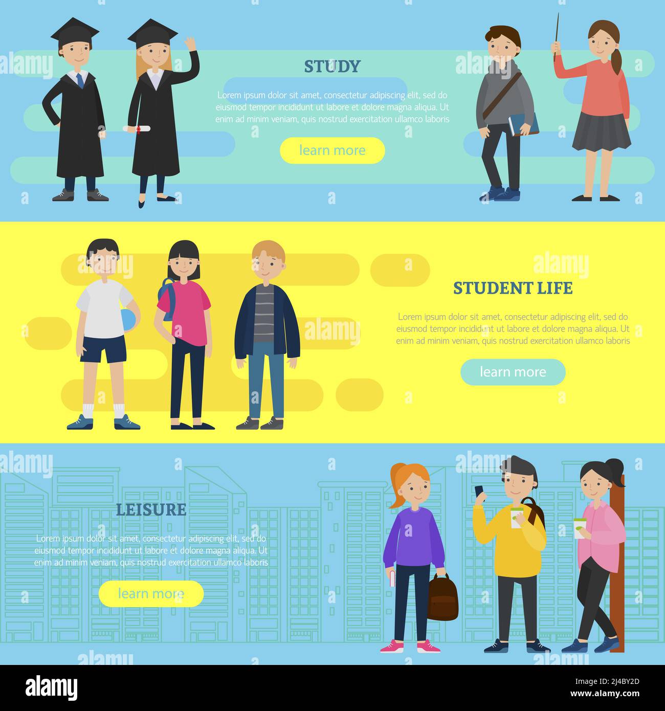Colorful education horizontal banners with students and different ...