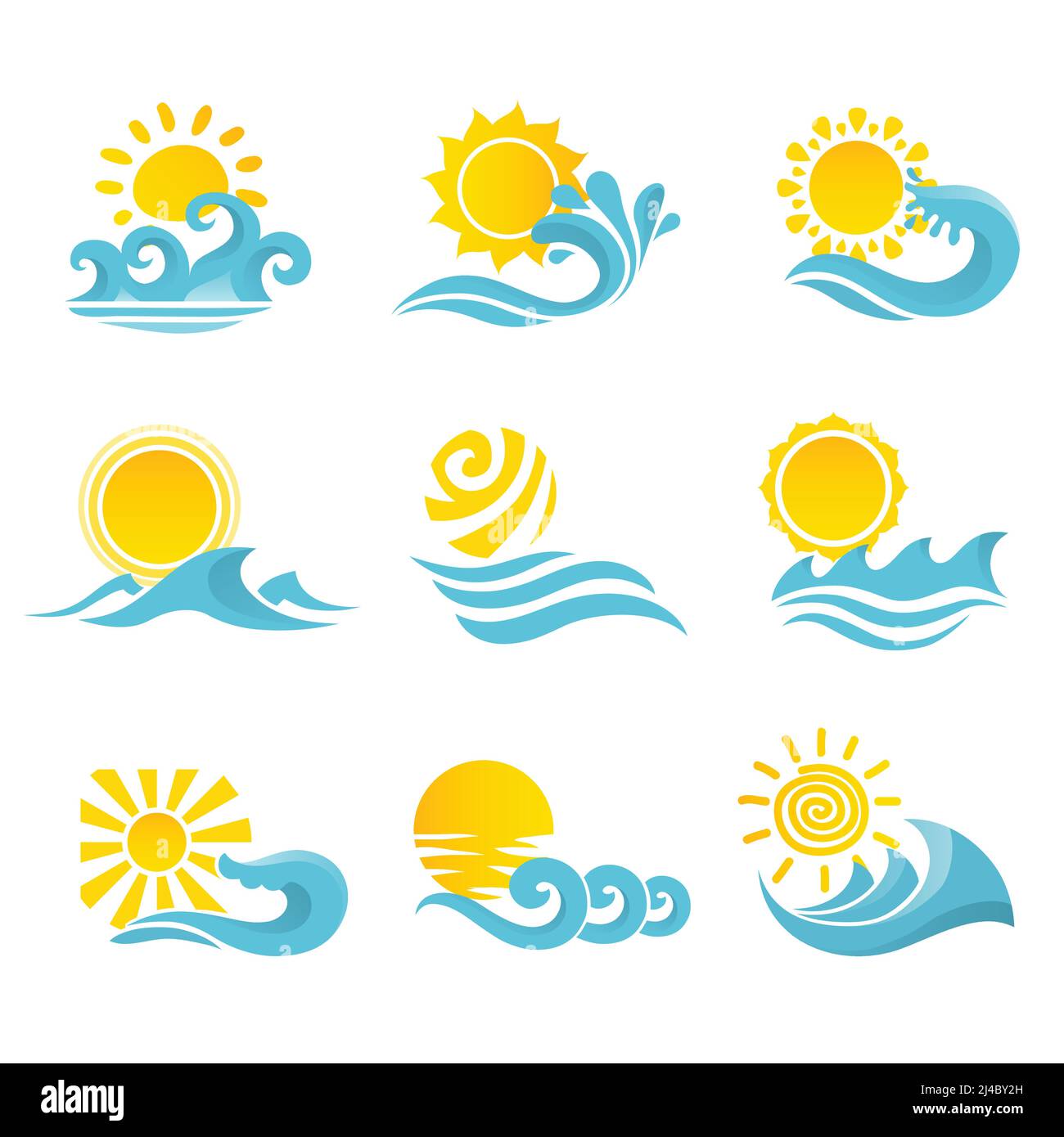 Waves flowing water sea ocean icons set with sun isolated vector ...