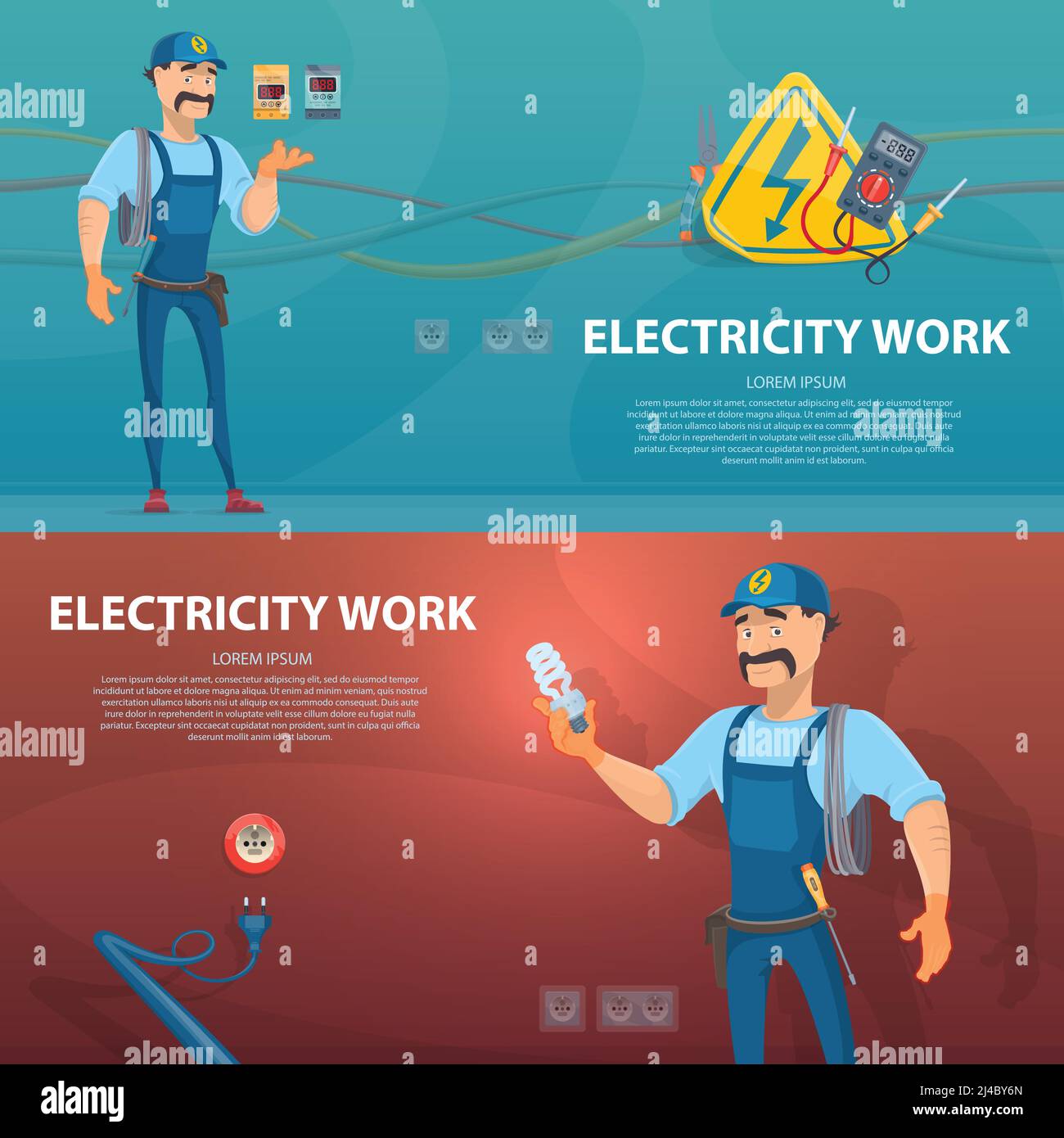 Colorful electricity work horizontal banners with electrician and ...